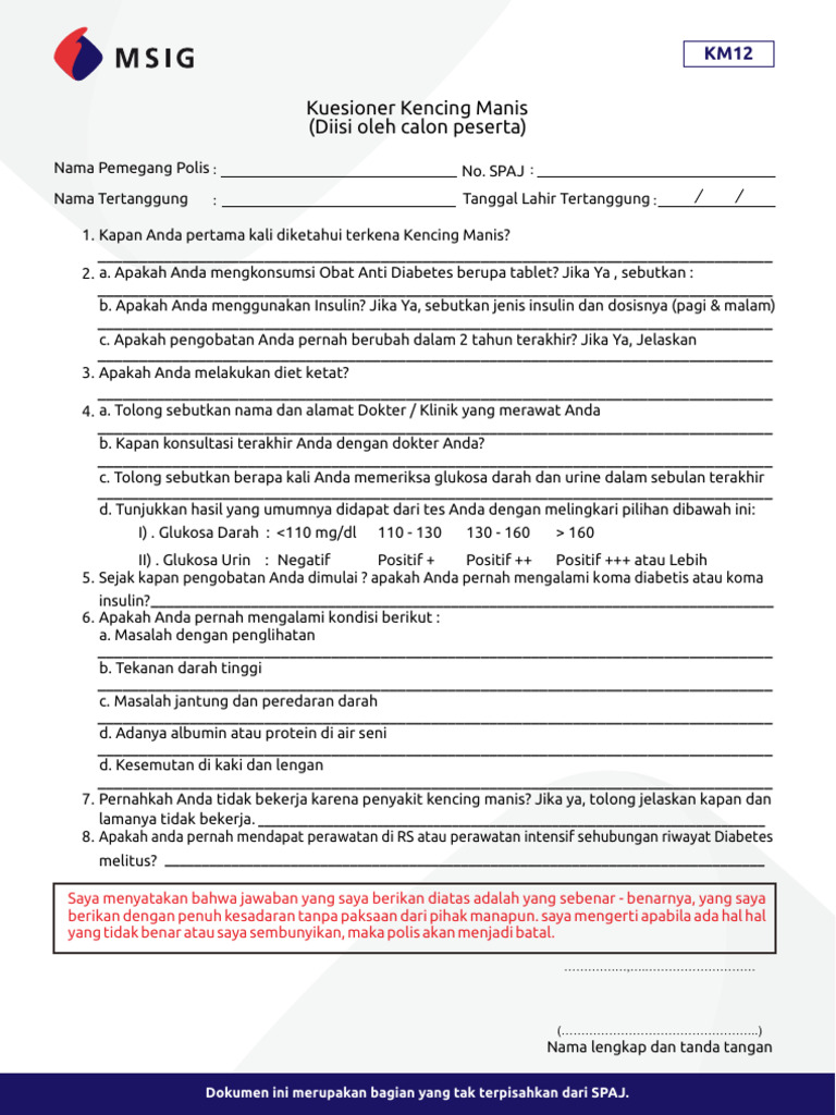 KM12 - Kuesioner Kencing Manis | PDF