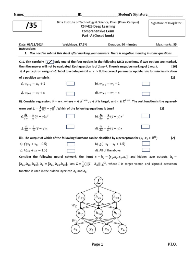 1160 CS F425 20241218114944 Comprehensive Exam Question Paper | PDF | Logistic Regression ...