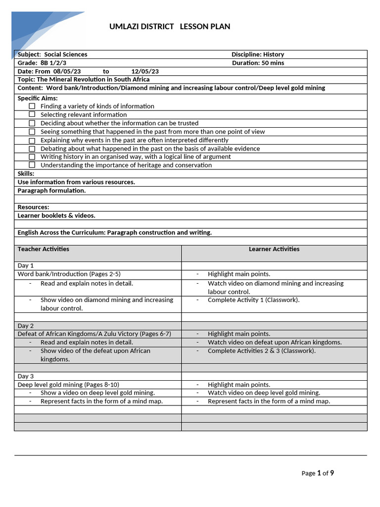 Gr8 - CAPS Lesson Plans T2 - Hist | PDF | Lesson Plan | Curriculum
