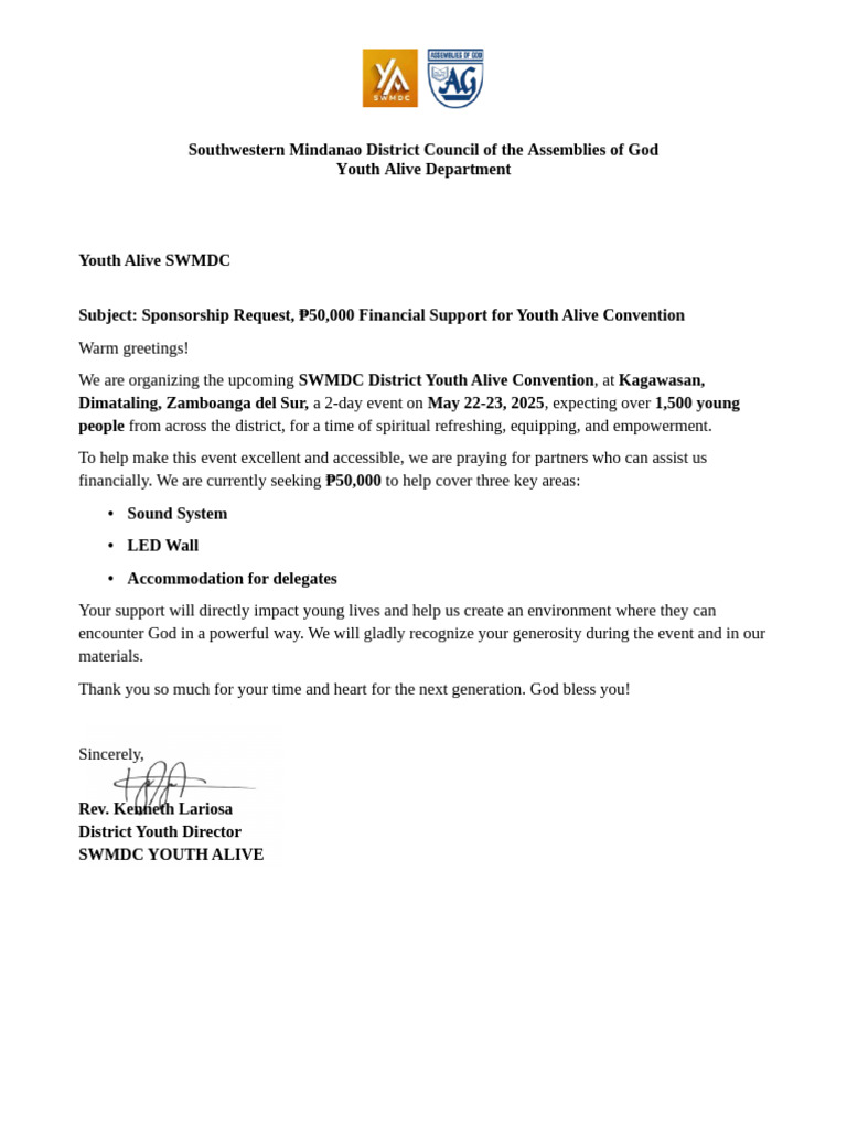 Youth Alive Sponsorship Letter | PDF