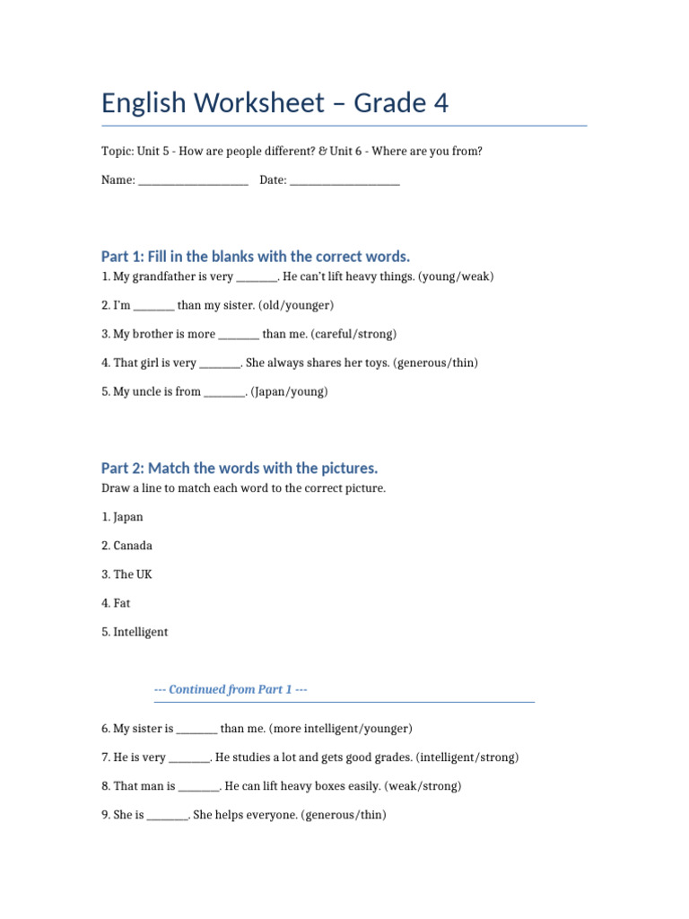 Grade4 English Worksheet Unit5 6 Updated | PDF