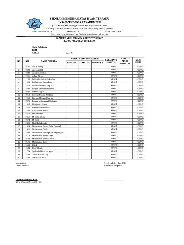 Kls Xi-blangko Nilai Sumatif Lingkup Materi Dan Sumatif Akhir Semester | PDF