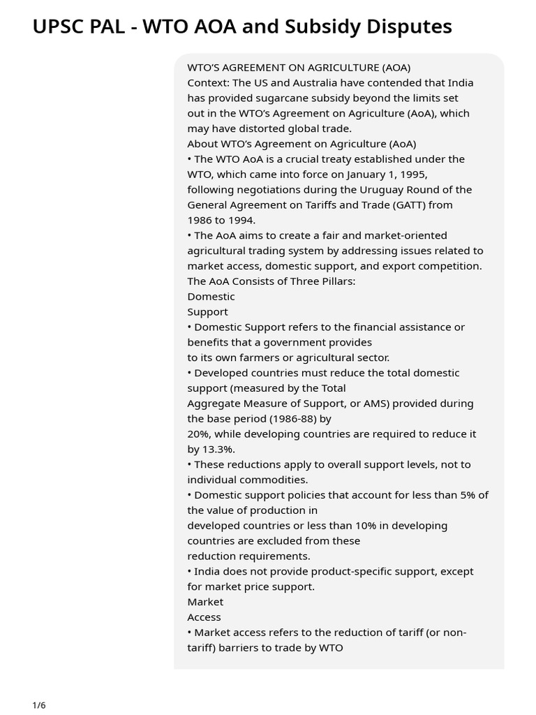 UPSC PAL - WTO AOA and Subsidy Disputes | PDF | World Trade ...