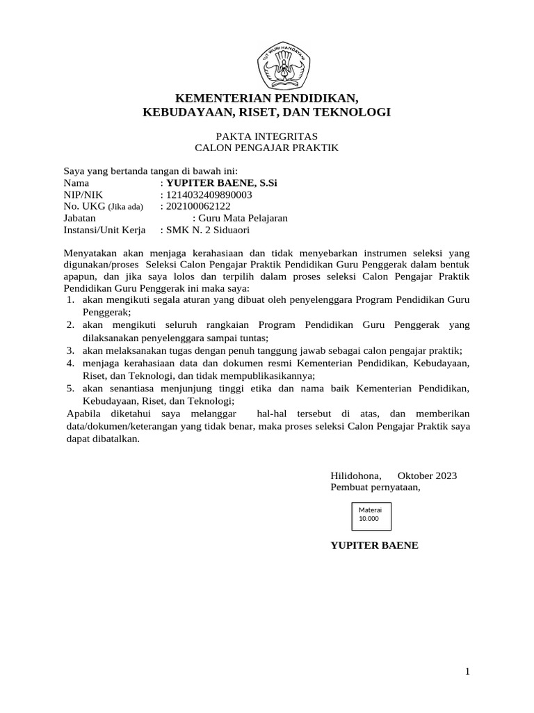 Pakta Integritas CPP 11 REGULER | PDF