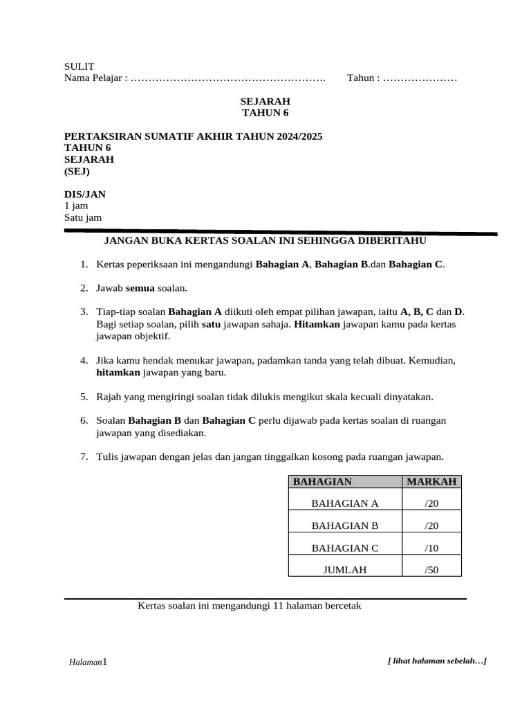 Uasa Sejarah THN 6 Set 1 2024 2025 by Cikgu Gorgeous | PDF