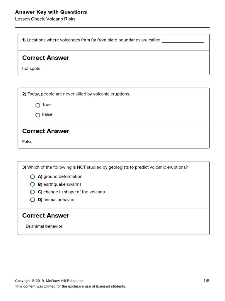 Lesson Check Answer Key - Volcanoes | PDF | Volcano | Types Of Volcanic ...