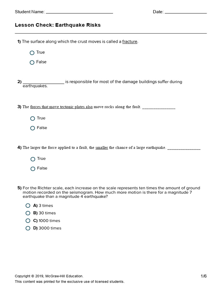 Lesson Check - Earthquake Risks | PDF | Earthquakes | Tsunami