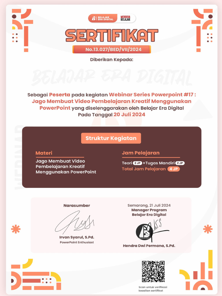 Sertifikat - Indra Darmawan Kusuma, S. PD | PDF