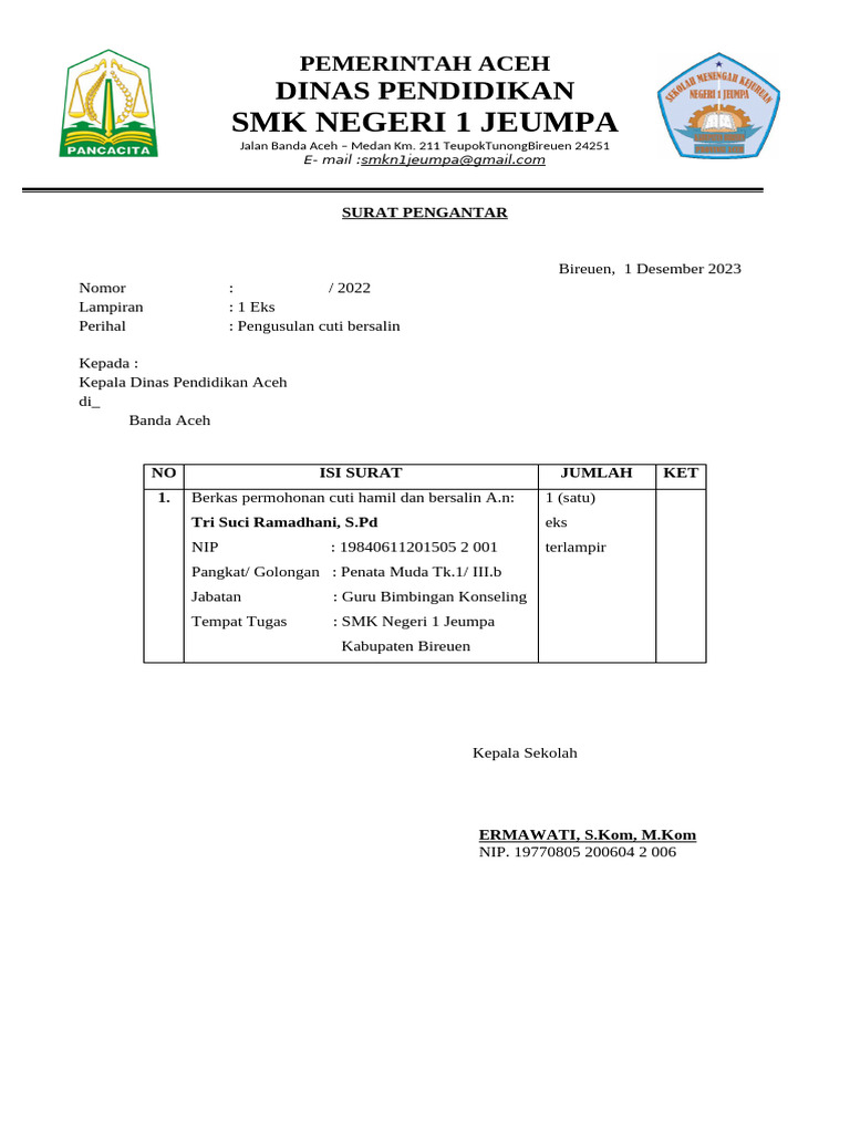 Surat Pengantar Cuti Bersalin PNS | PDF