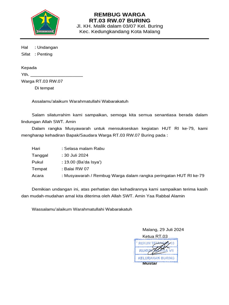 Undangan Rembug Warga RT.03 Buring | PDF