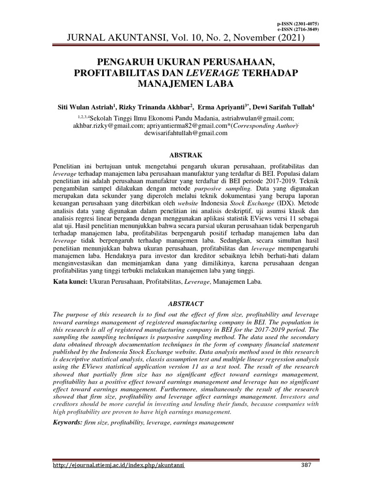41 PAKE RUMUS Pengaruh Ukuran Perusahaan, Profitabilitas, Dan Leverage Terhadap Manajemen Laba ...