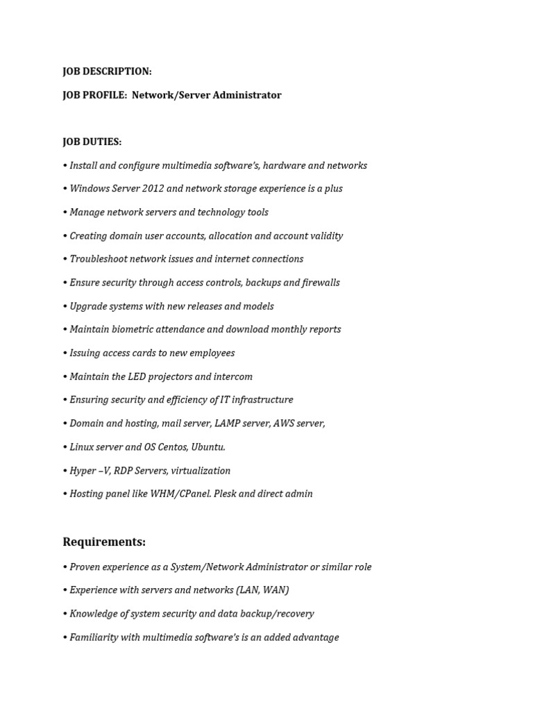 System Network Administrator JD 1 | PDF