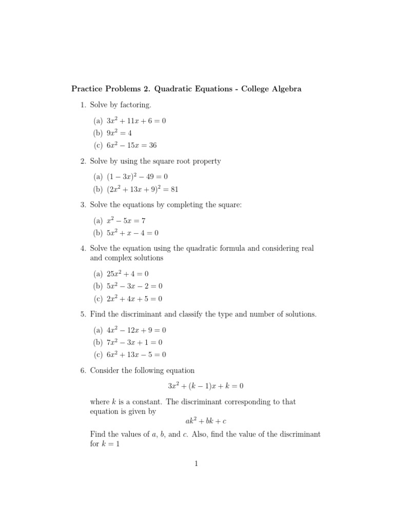 Practice Problems 2 - Quadratic Eqs CA | PDF | Quadratic Equation ...