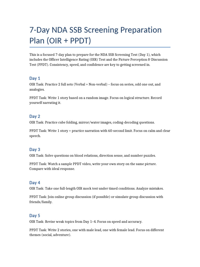NDA SSB Screening 7day Plan | PDF