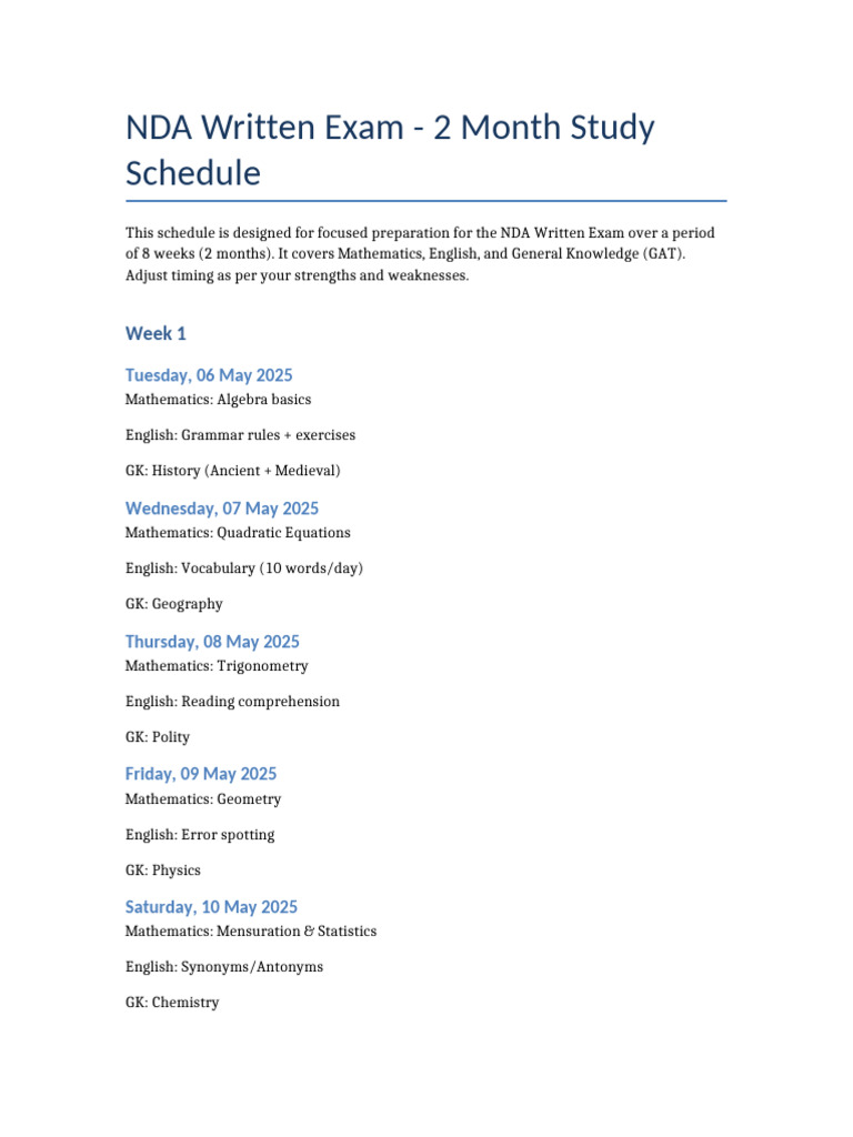 NDA Exam 2-Month Study Plan | PDF | Mathematics | Equations