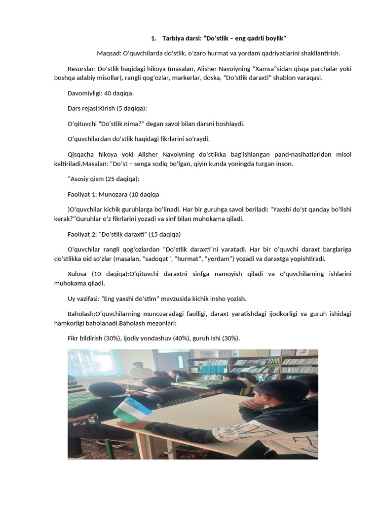 4 Ta Tarbiya Dars Ishlanmasi Taxlash | PDF