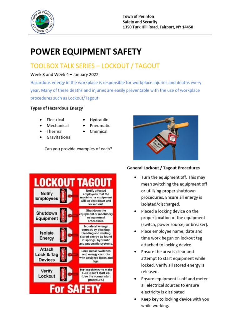 Power Equipment Safety Lockout Tagout Toolbox Talk 1 2022 | PDF | Labor ...