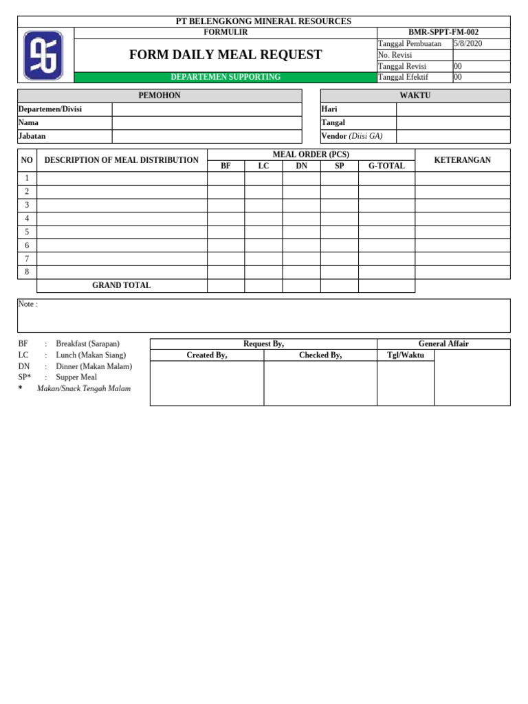 Bmr-sppt-fm-002 - Rev. 00 - Form Daily Meal Request | PDF