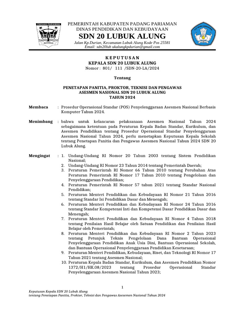 Sk Panitia Proktor Teknisi Anbk 2022 | PDF