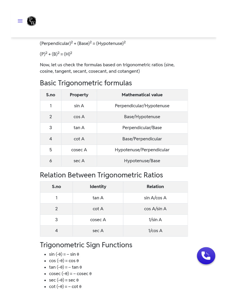 Class 10 Trigonometry Formulas Guide | PDF | Trigonometric Functions ...