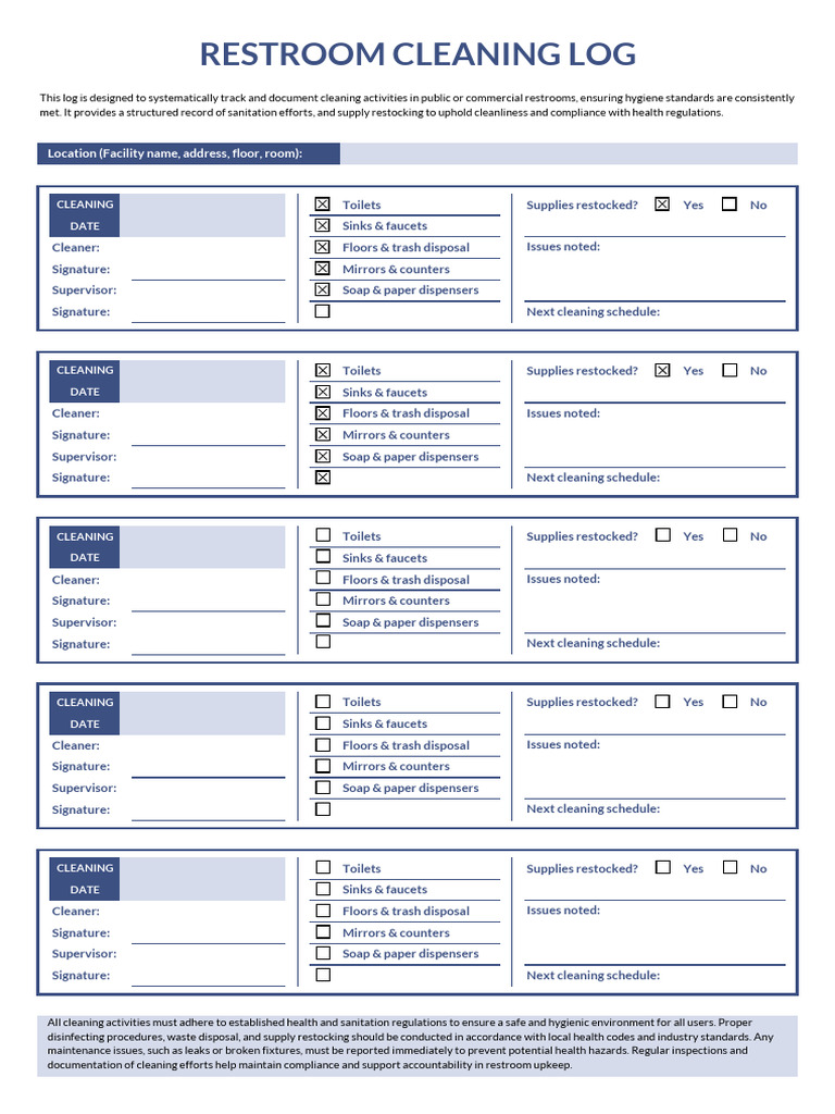 Restroom Cleaning Log Template | PDF | Public Toilet | Hygiene