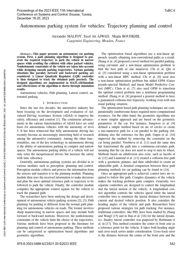 Autonomous Parking System For Vehicles Trajectory Planning and Control ...