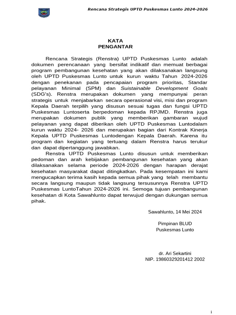 Rencana Strategis UPTD Puskesmas Lunto 2024 | PDF