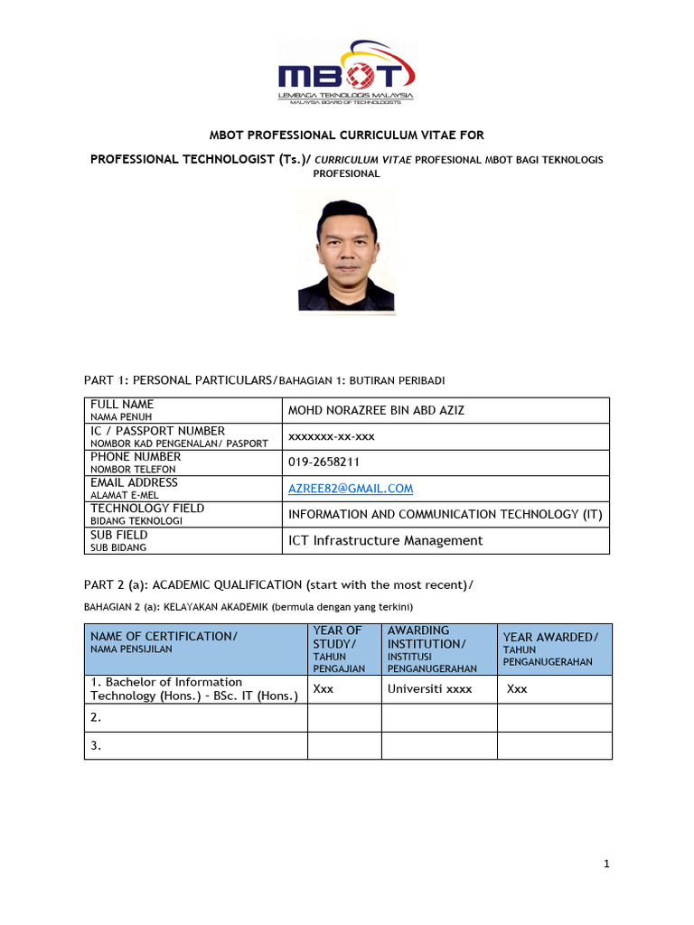 MBOT Ts. Professional Technologist Curriculum Vitae CV Azree Sample | PDF