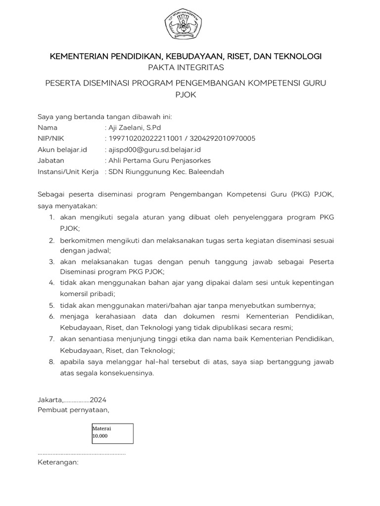 Template Pakta Integritas 1 Peserta Diseminasi Pkg Pjok Pdf