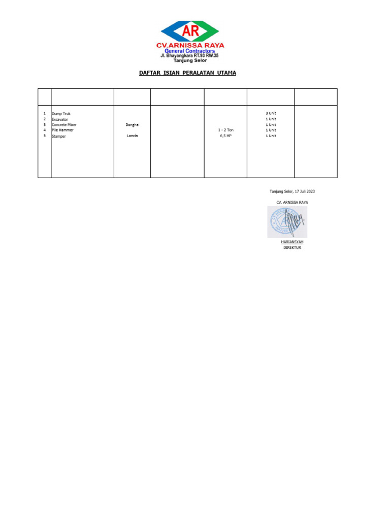 Daftar Isian Peralatan Utama | PDF