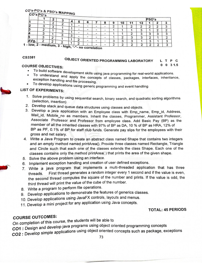CS3391 Oops Lab Manual-3-41 | PDF