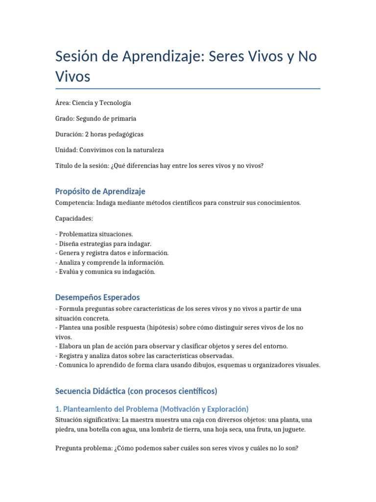 Sesion Ciencia 2do Grado Seres Vivos y No Vivos | PDF | Hipótesis ...