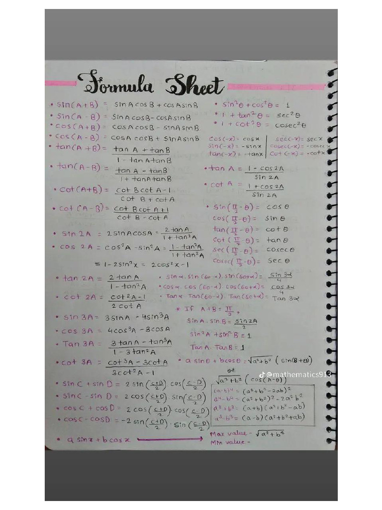 Trigonometry Formula Cheat Sheet - Mathematics | PDF