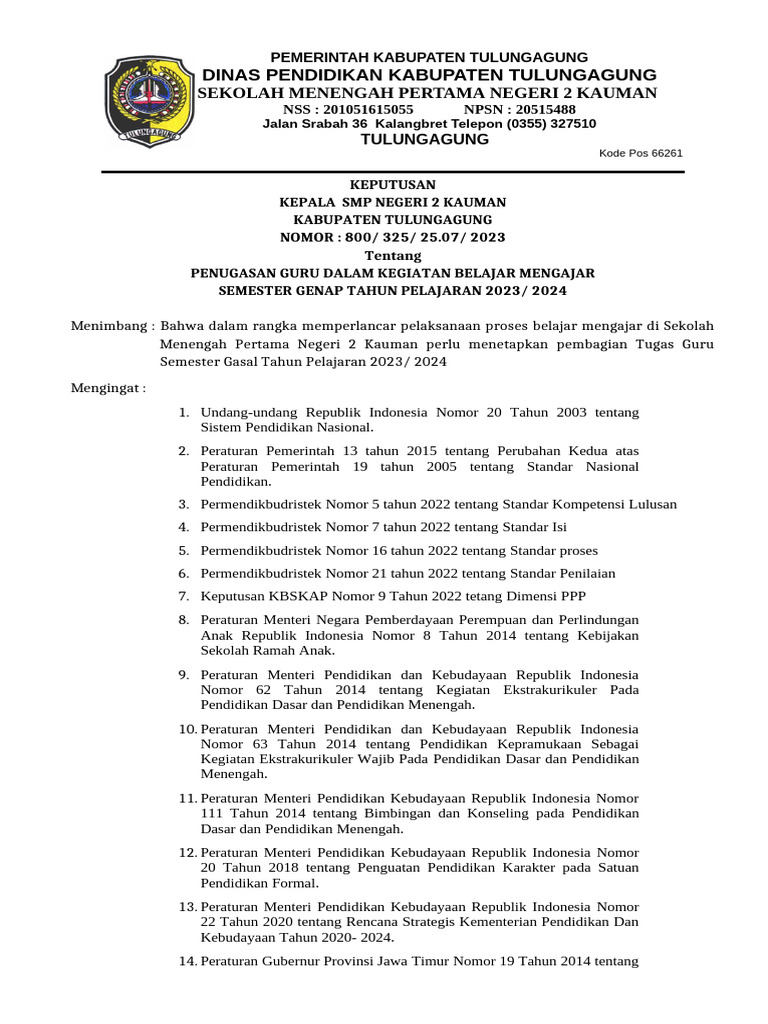 SK Pembagian Tugas Guru | PDF