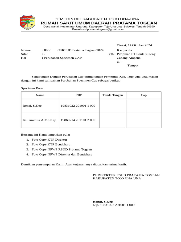 Perubahan Specimen Cap RSUD Pratama Togean | PDF