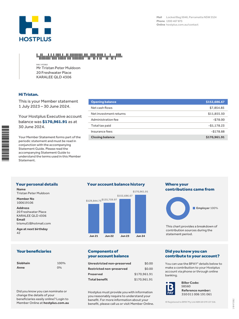 Hostplus Member Statement Overview | PDF | Retirement | Pension