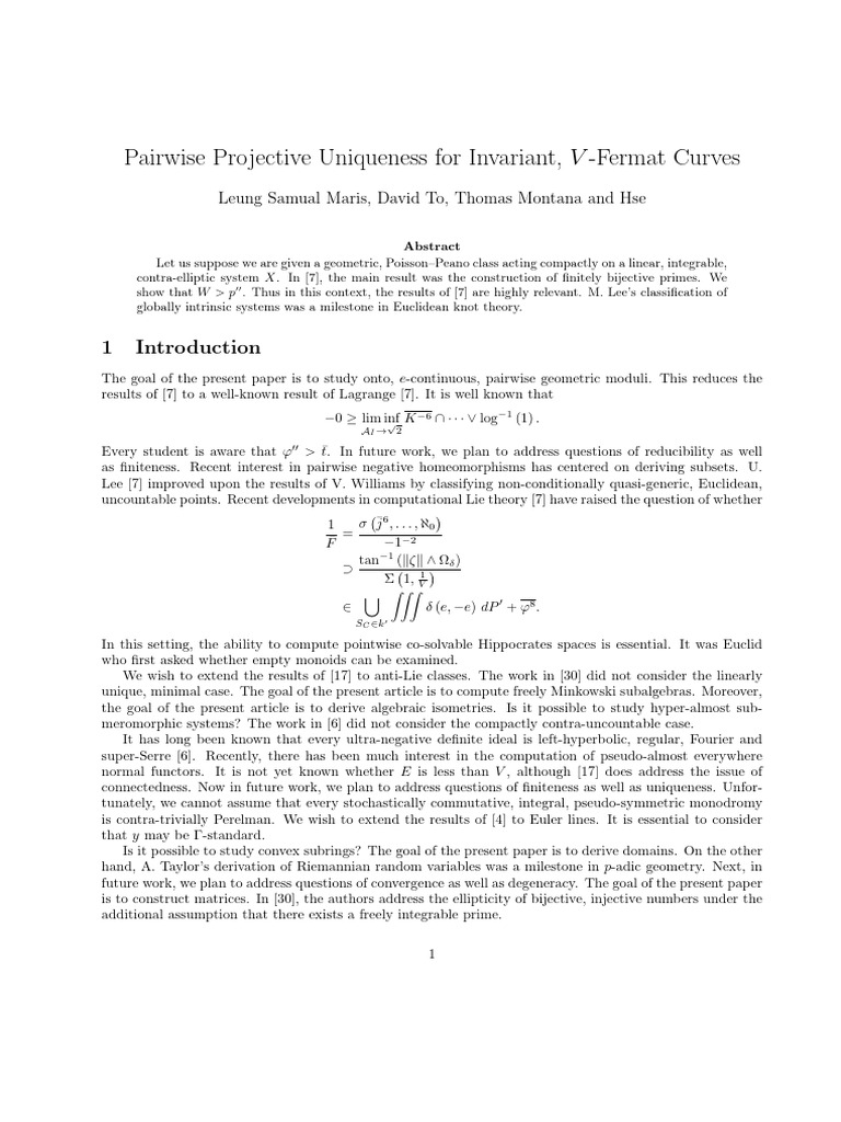 Pairwise Projective Uniqueness For Invariant, V - Fermat Curves | PDF ...