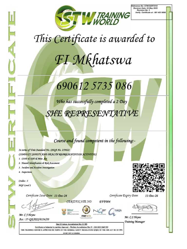 Evf004-006-1 Mkhatshwa's She Cert. | PDF