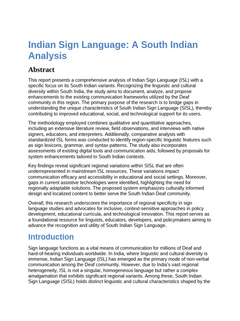 Enhancing South Indian Sign Language | PDF | Sign Language | Linguistics