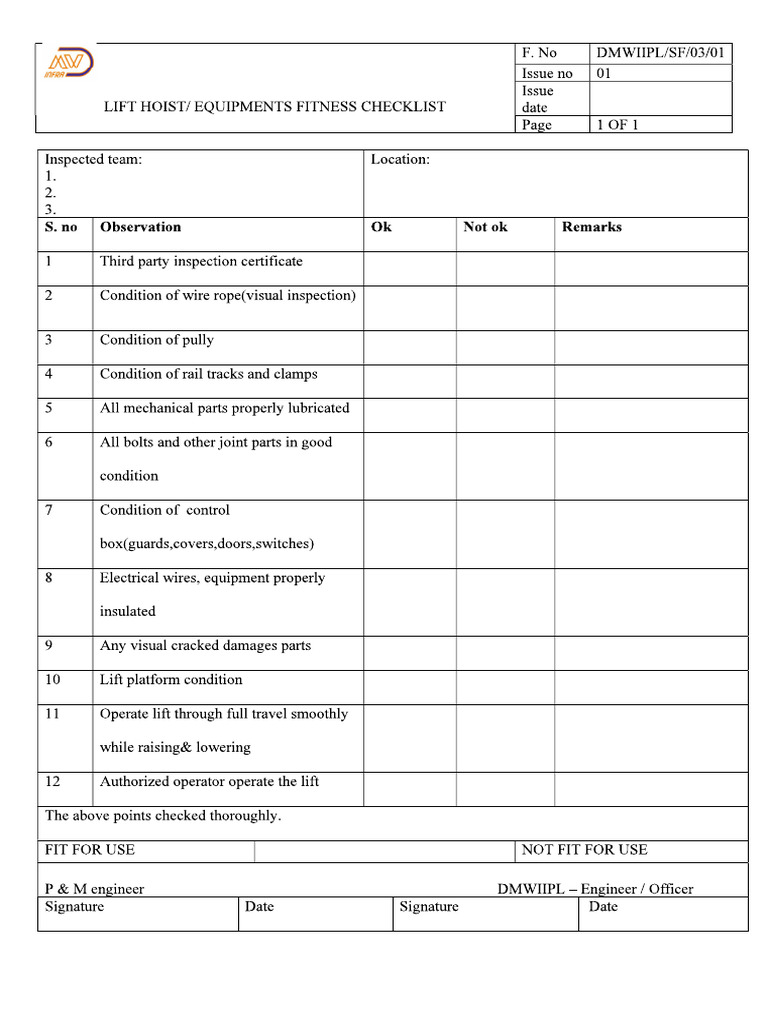 Lift Hoist Check List | PDF