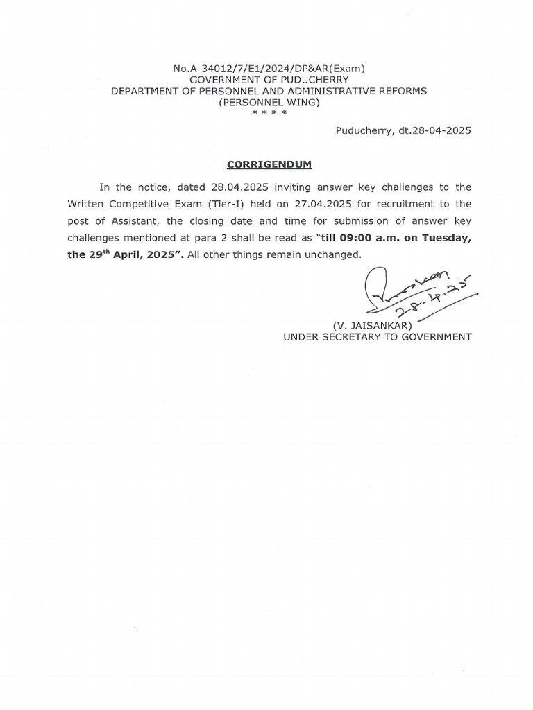 Corrigendum To Answer Key Notice | PDF