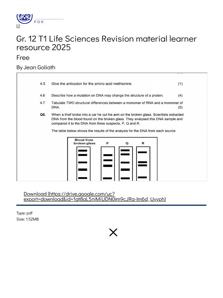 Gr. 12 T1 Life Sciences Revision Material Learner Resource 2025 - WCED ...