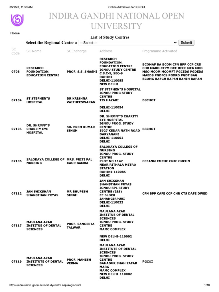 List of Ignou Centre | PDF