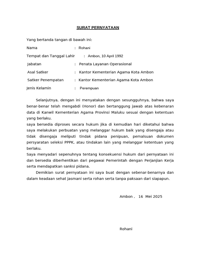 Surat Pernyataan CPPPK Materai | PDF