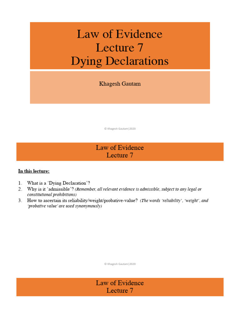 Lecture 7 - Dying Declarations (Ann. Sec. D) | PDF | Evidence (Law ...
