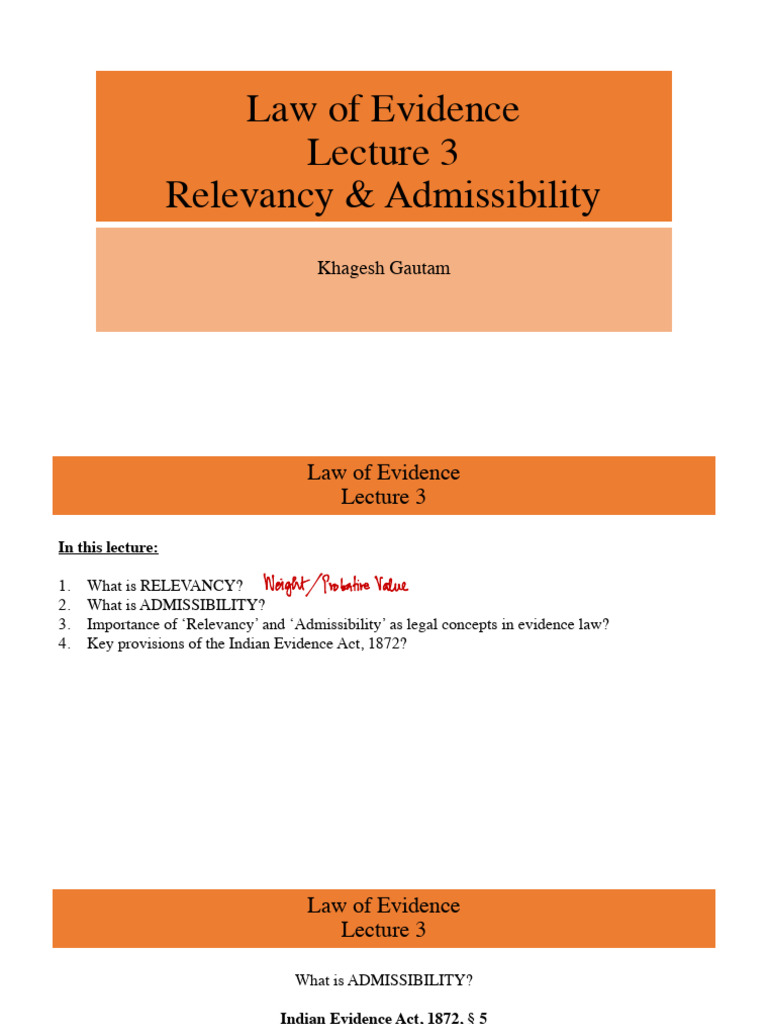 Lecture 3 - Relevancy and Admissibility (Ann. Sec. D) | PDF | Evidence ...