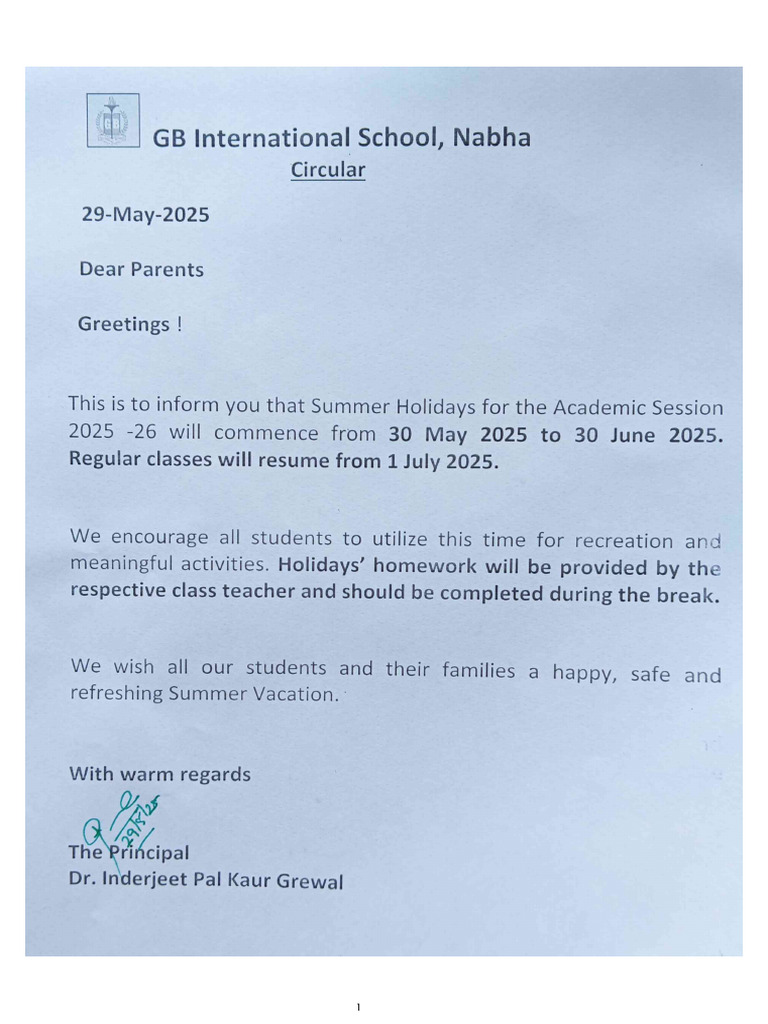 Circular - Summer Break | PDF