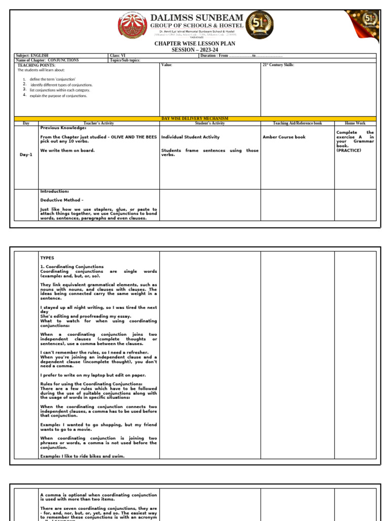 Chapter Wise Lesson Plan Conjunctions | PDF | Verb | Subject (Grammar)