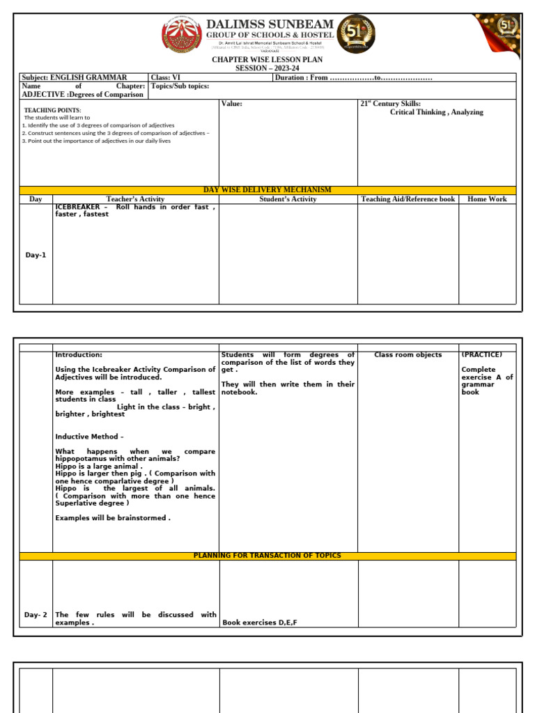 Chapter Wise Lesson Plan Degrees of Comparison | PDF | Learning | Human ...