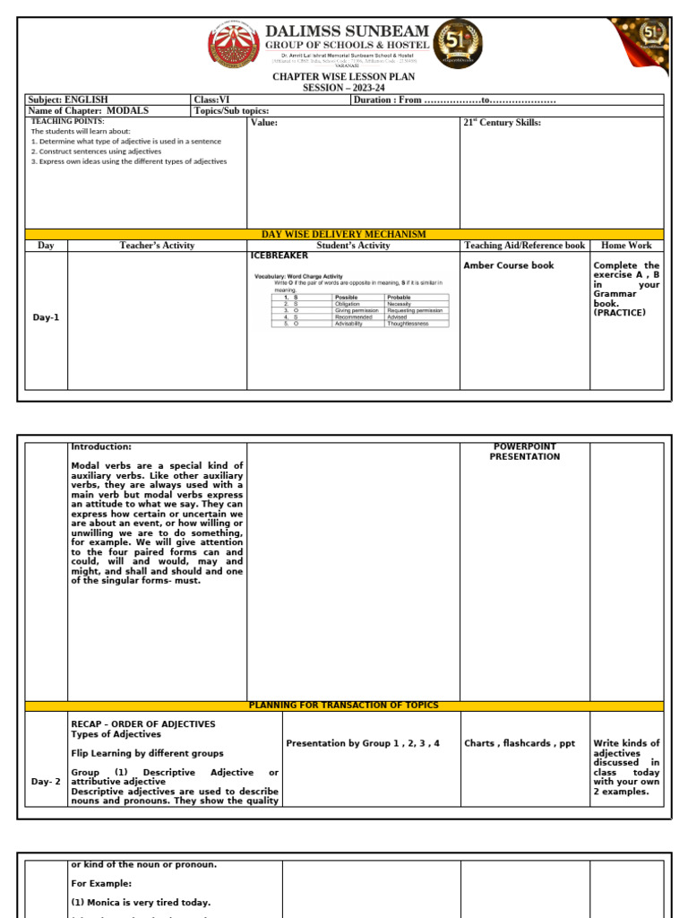 Chapter Wise Lesson Plan Modals | PDF | Adjective | Verb